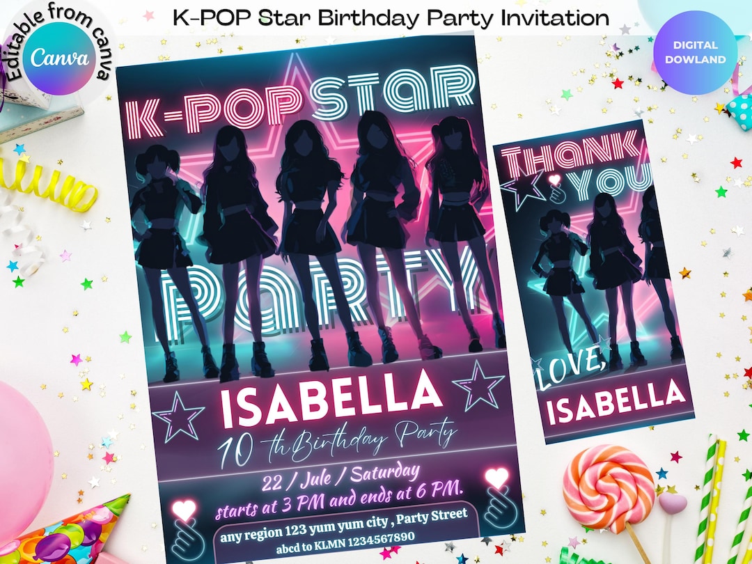 Editable K-pop Birthday Invitation, Neon K-pop Theme Invitation, K-pop ...