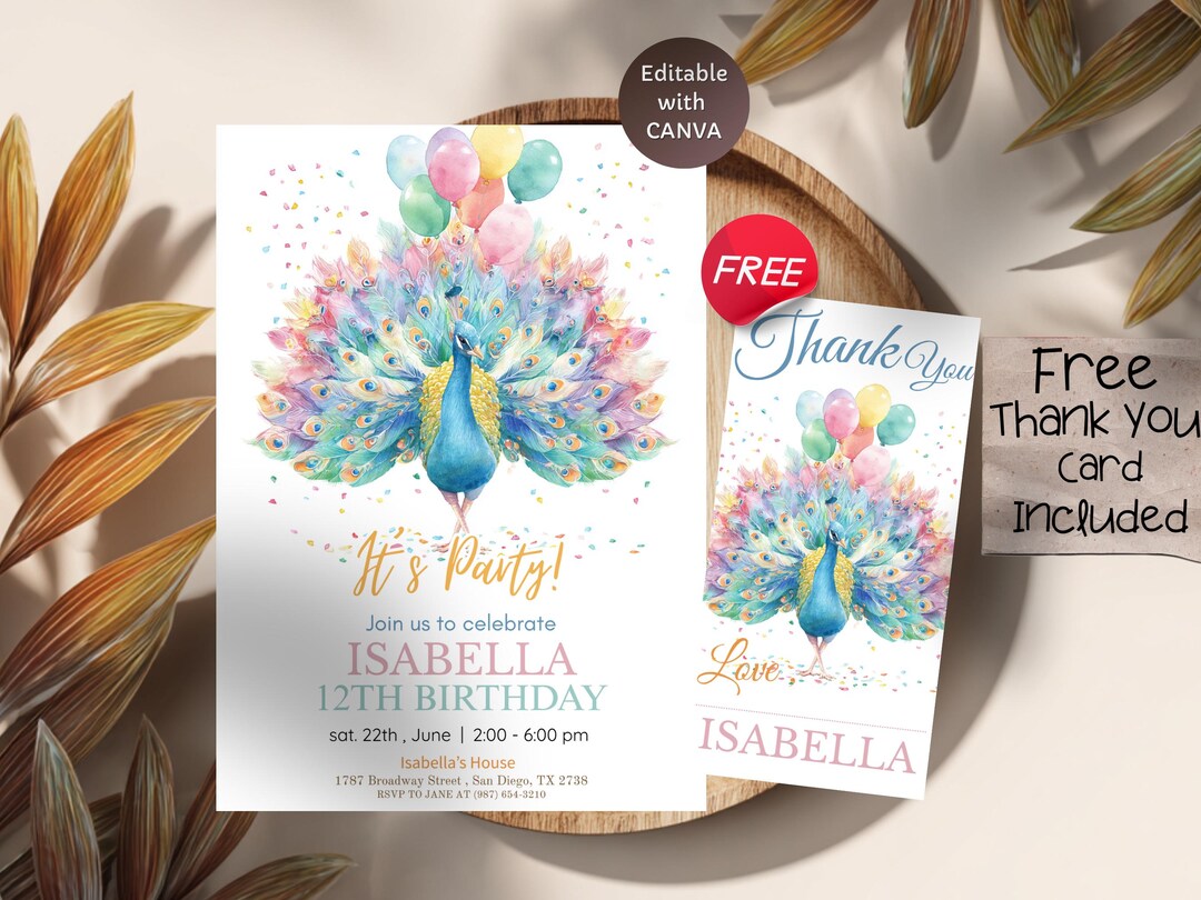 Peacock Birthday Invitation Template, Elegant Bird Party Invite ...