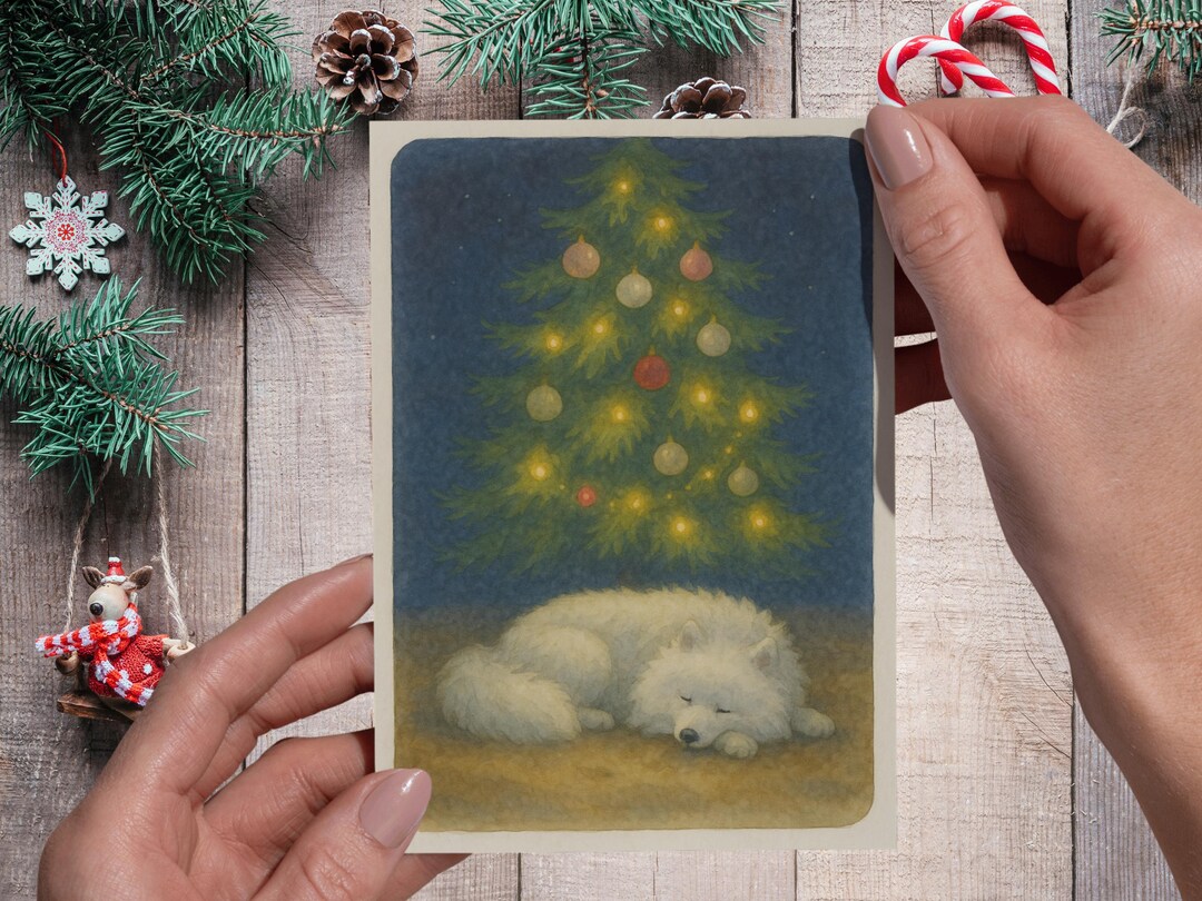 Watercolor Samoyed Christmas Card: Sleeping Dog Holiday Greetings (PDF ...