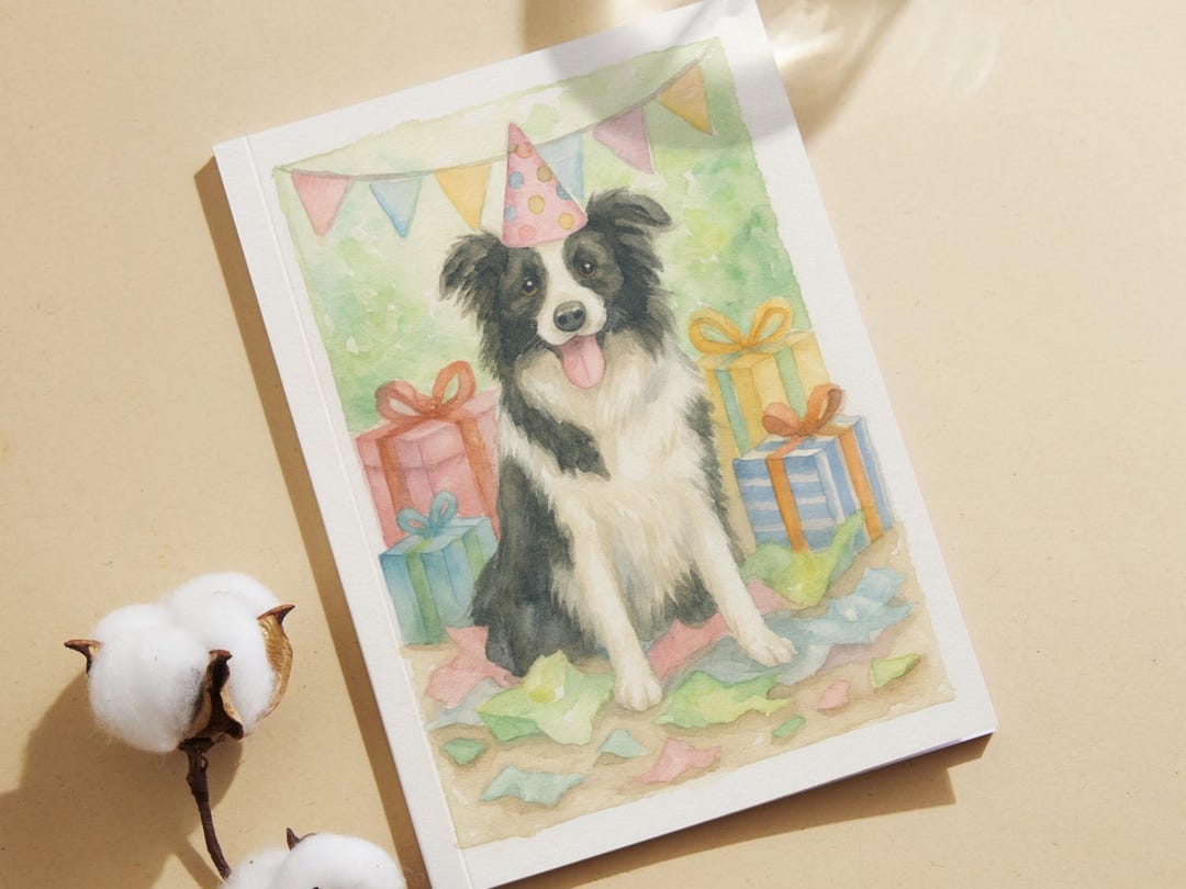 Border Collie Birthday Card Watercolour | Printable Dog Birthday ...