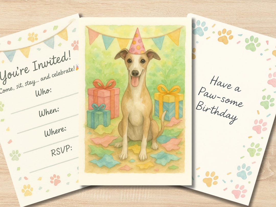Whippet Birthday Card or Party Invitation: Watercolor Dog Design (PDF ...