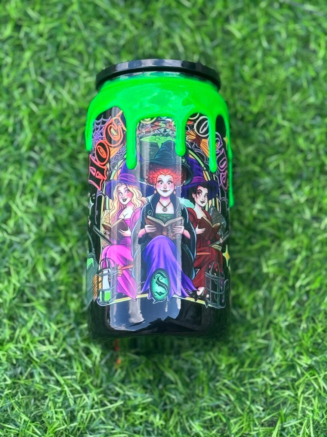 Hocus Pocus Sanderson Sisters Tumbler - Neon Green Slime Drip Glass Can ...