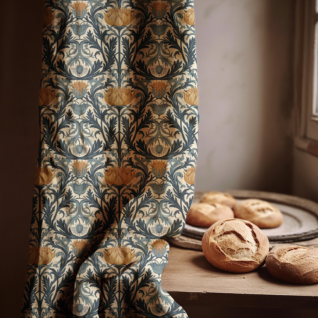 Art Nouveau Linen Curtain Panel: Teal & Gold Botanical Print - Etsy