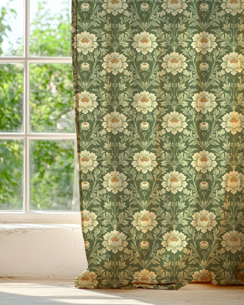 Green Floral Linen Curtain Panel: Victorian Style Drapes - Etsy