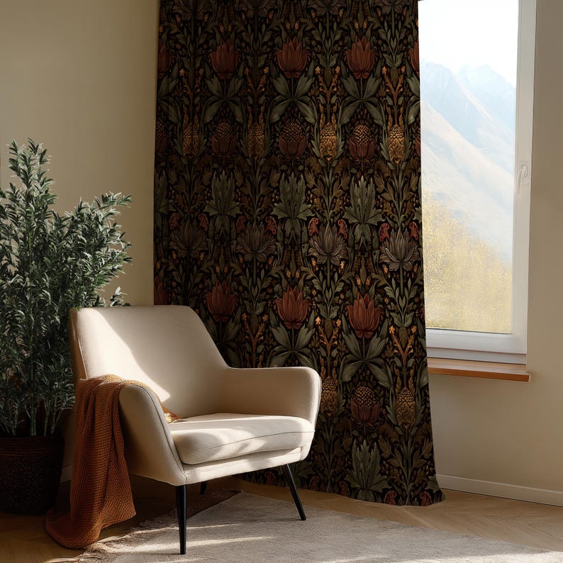 Botanical Curtain Panel: Dark Forest Lore, Burnt Orange Florals - Etsy