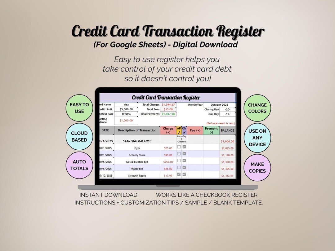 Credit Card Transaction Register, Budget Spreadsheet (digital Download ...