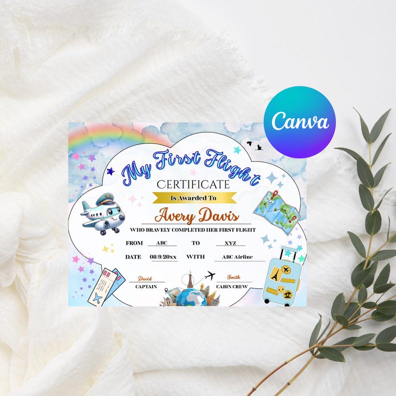 My First Flight Certificate for Kids, Award Vacation Gift Editable ...