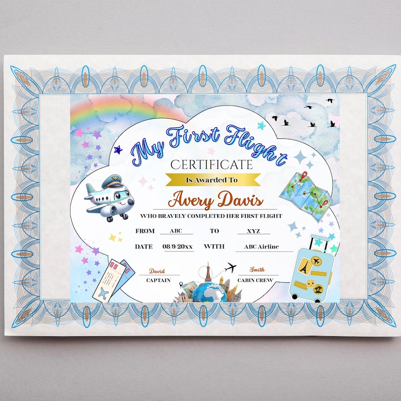My First Flight Certificate for Kids, Award Vacation Gift Editable ...