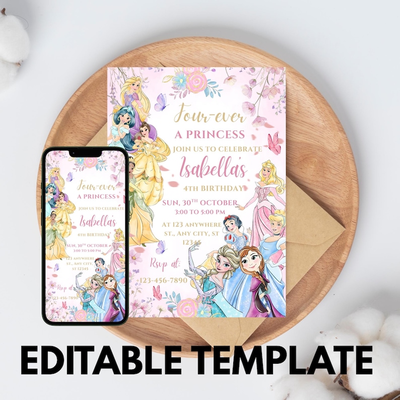 Princess Birthday Four-ever Invitation Princess Invitation Princess ...