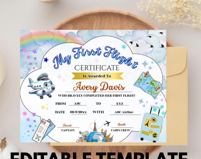 First Flight Certificate for Kids, Toddler's First Flight Award, First ...