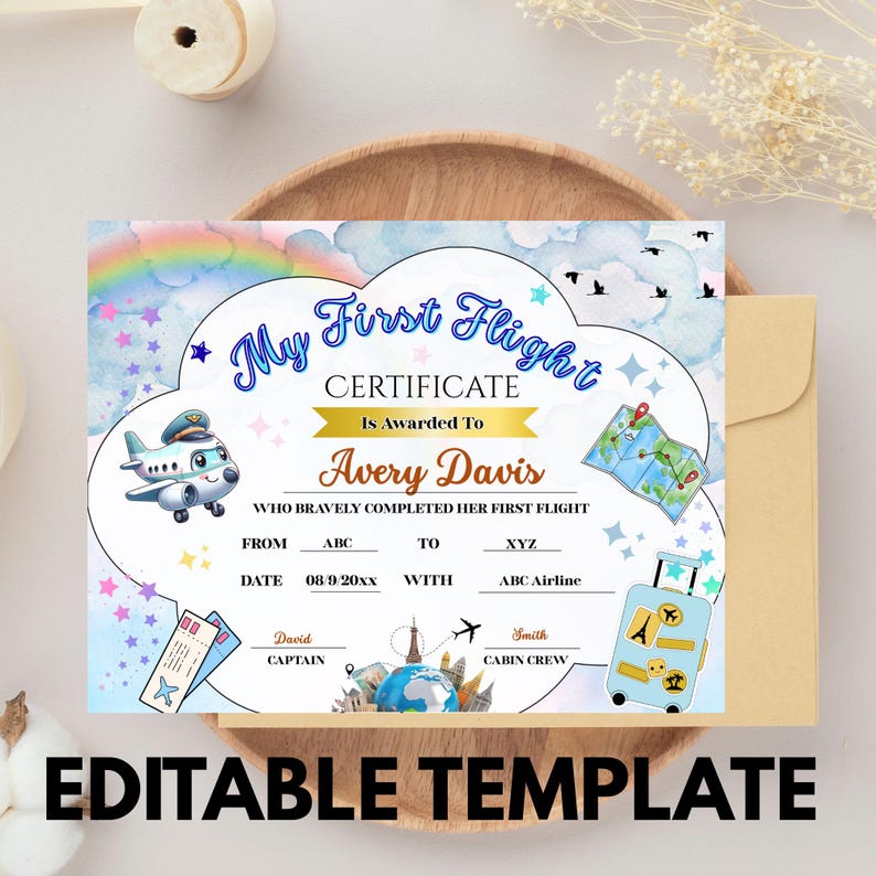 My First Flight Certificate for Kids, Award Vacation Gift Editable ...