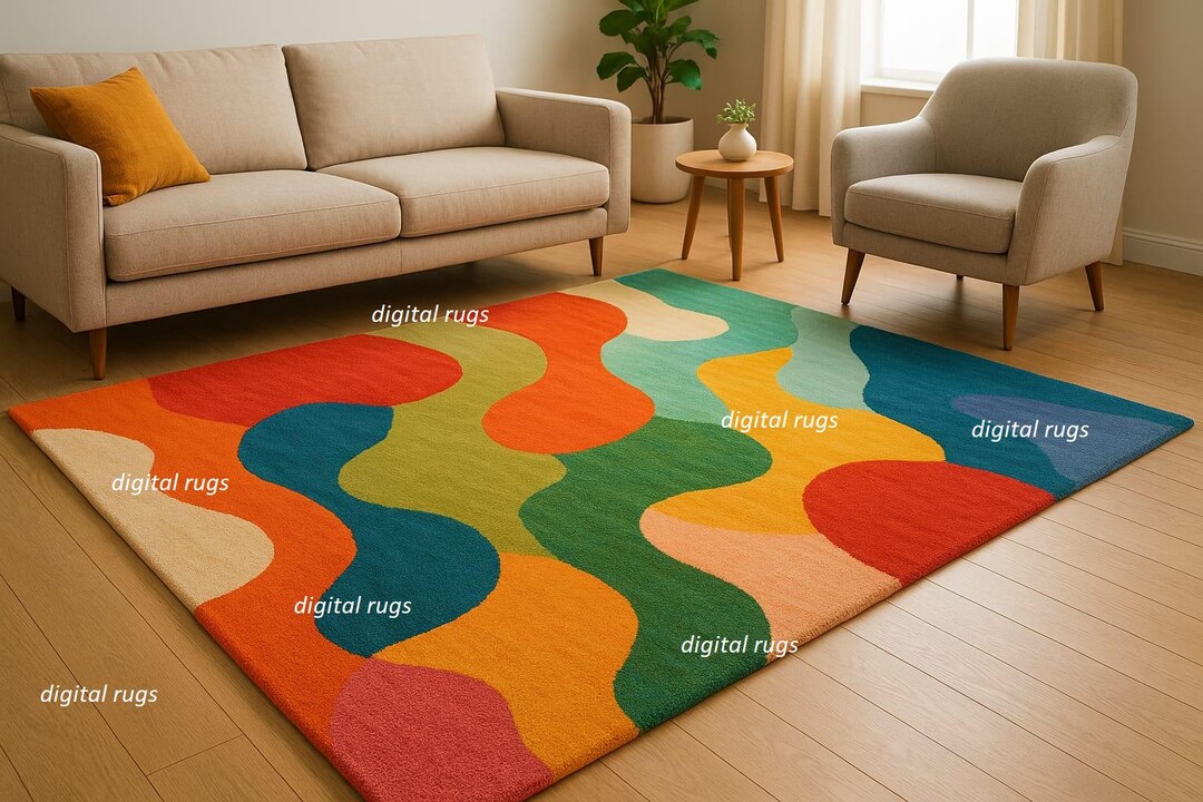 Modern Abstract Wave Rug: Colorful Groovy Design, Hand-tufted Wool (3x5 ...