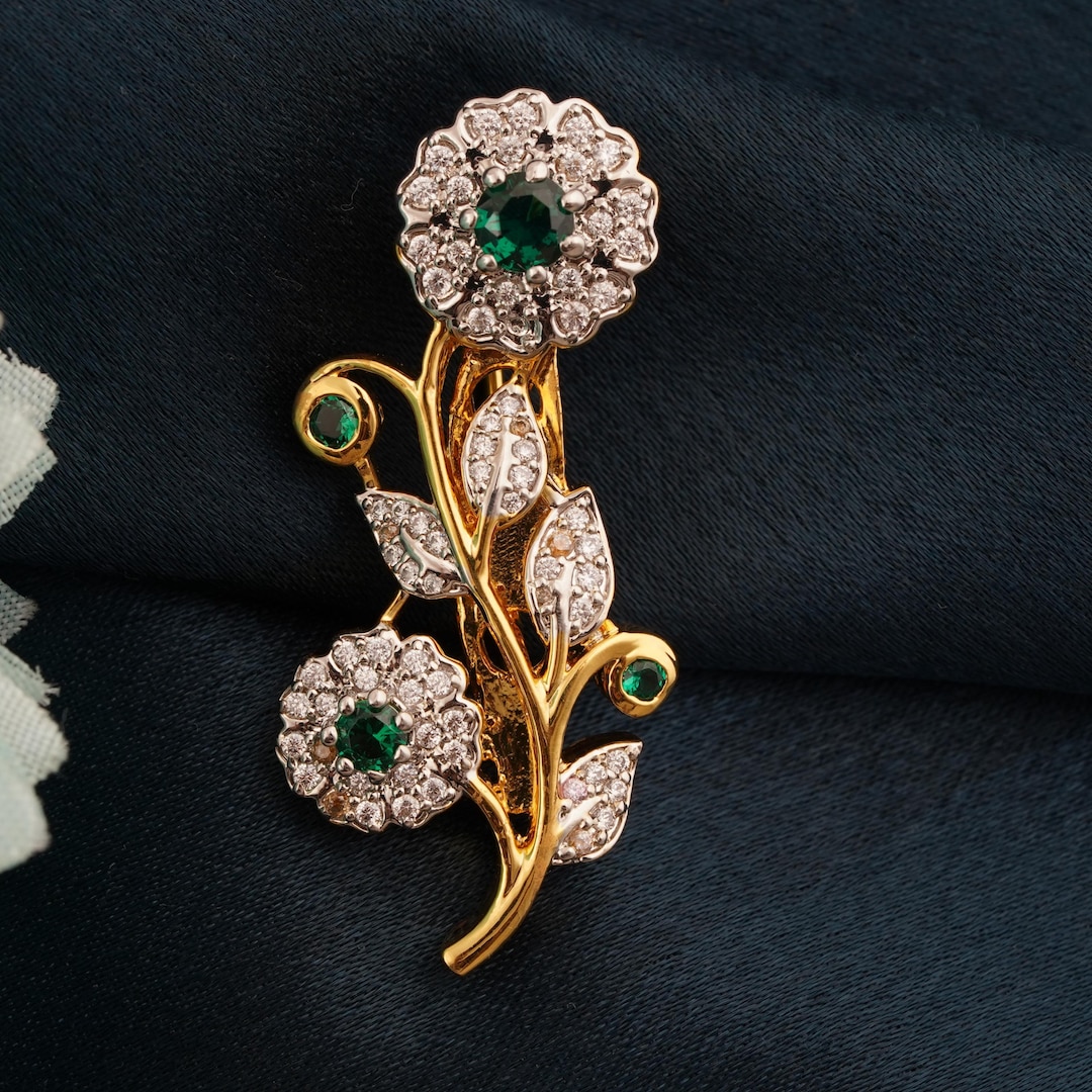Emerald Diamond Flower Brooch Pin, 14K Gold Plated Silver Jewelry - Etsy