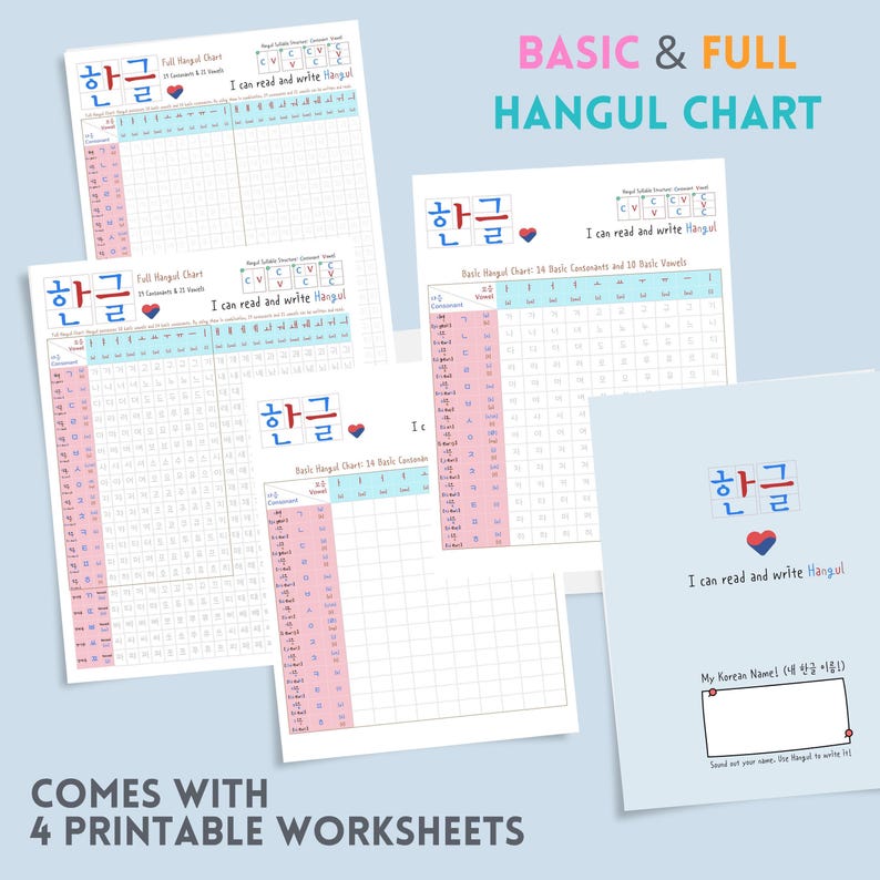 Korean Hangul Alphabet Chart Poster | Basic & Full Set | All Korean ...