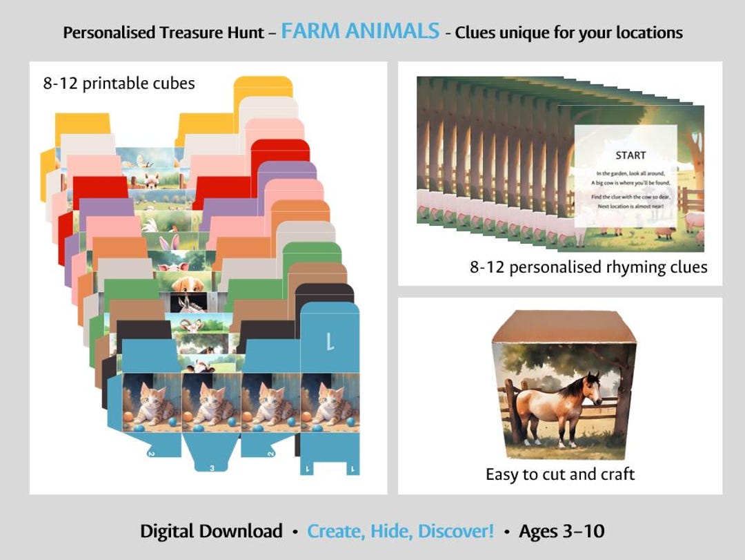 Personalised Farm Animal Treasure Hunt | 12 Printable Clue Cubes ...