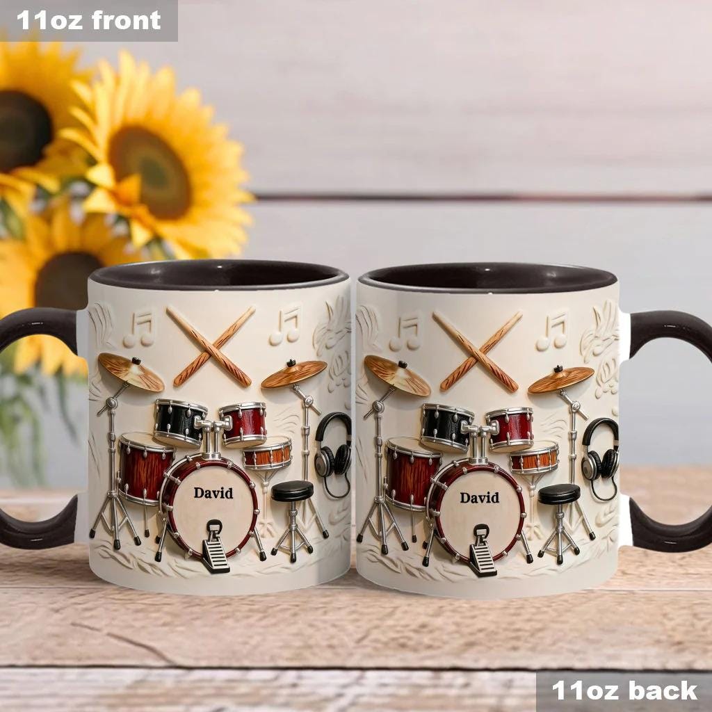 Personalized Drummers Accent Mug, Drum Set Cool Ceramic Cup, Music ...