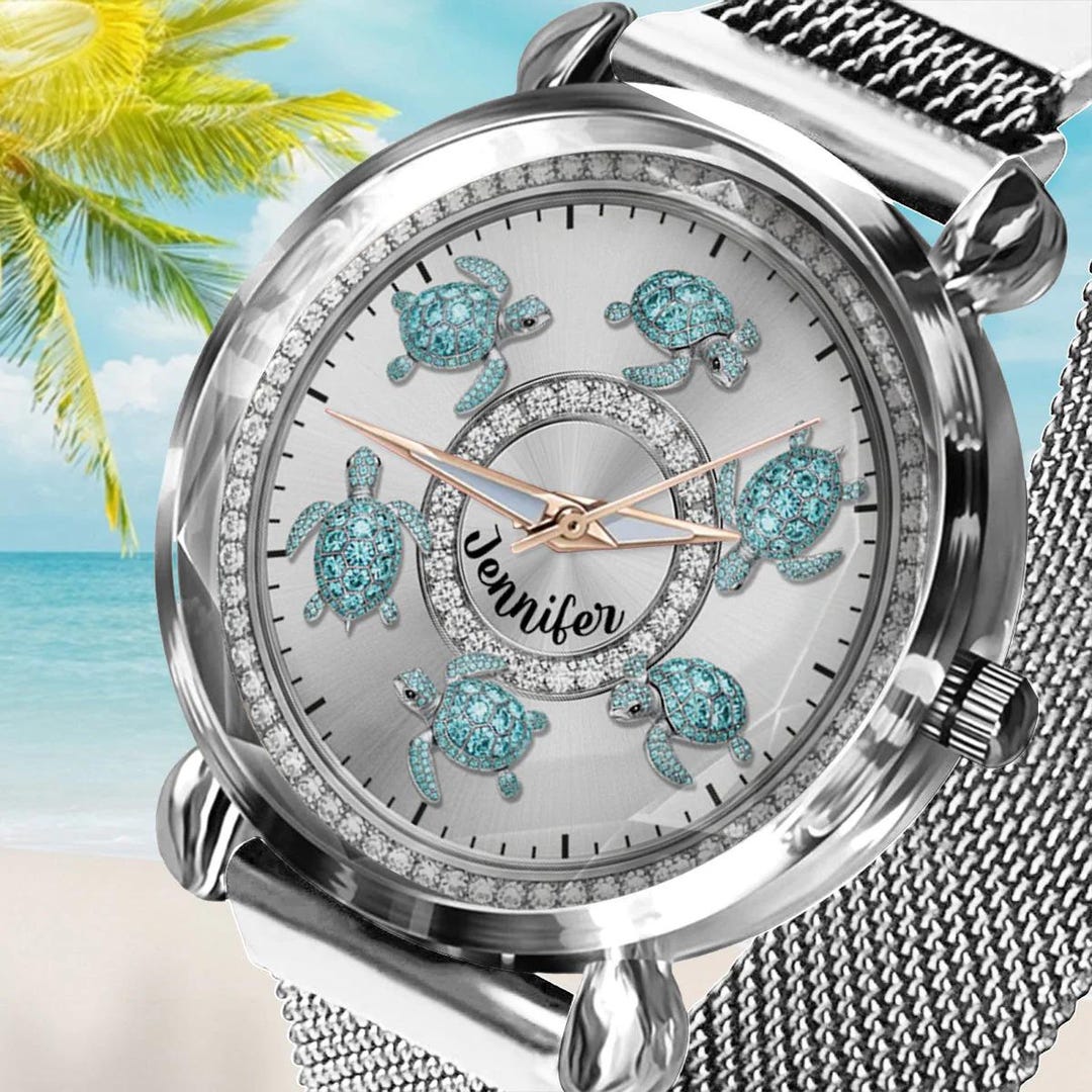 Sea Turtles Personalized Women Hand Watch, Crystal Blue Tortoise Metal ...