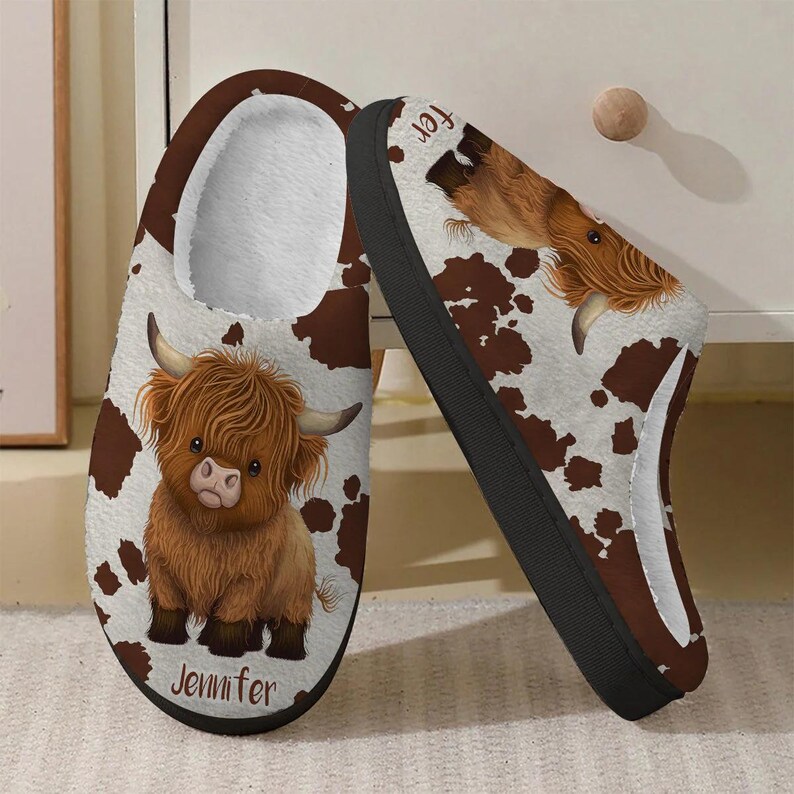 Highland Cow Personalized Fuzzy Slippers, Milk Cow Pattern Winter ...