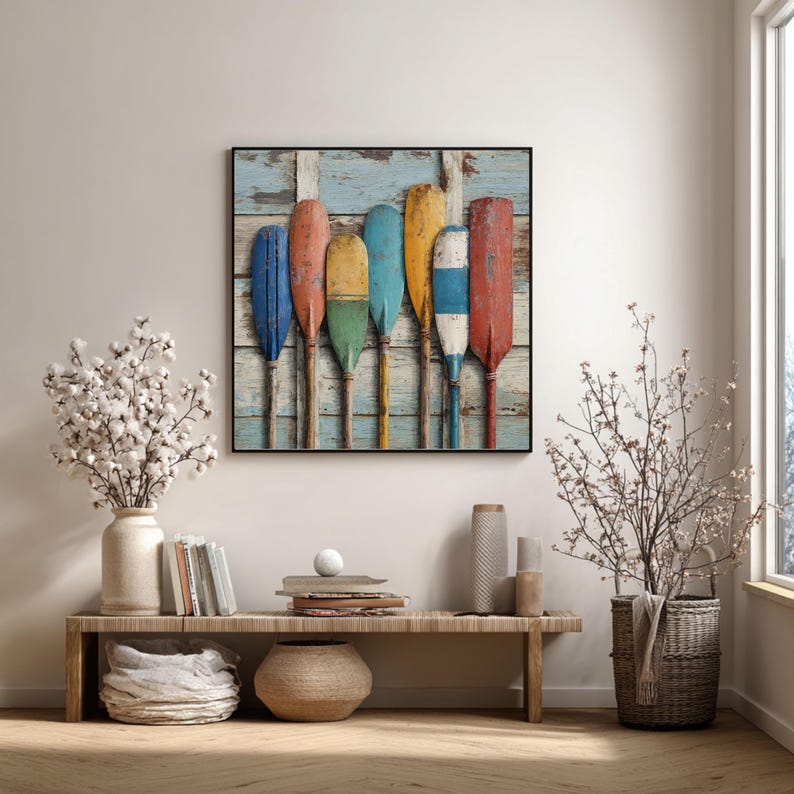 Rustic Colorful Oars Canvas Art, Distressed Nautical Wall Decor ...