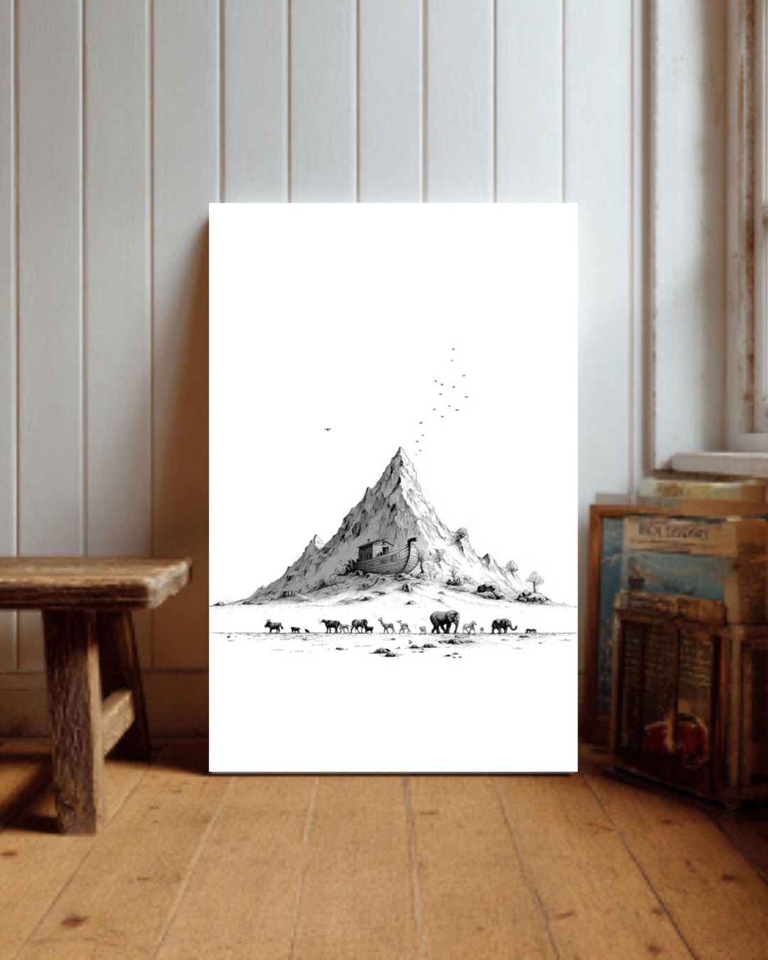 Minimalist Noah’s Ark Line Art – Mount Ararat Scene With Animals ...