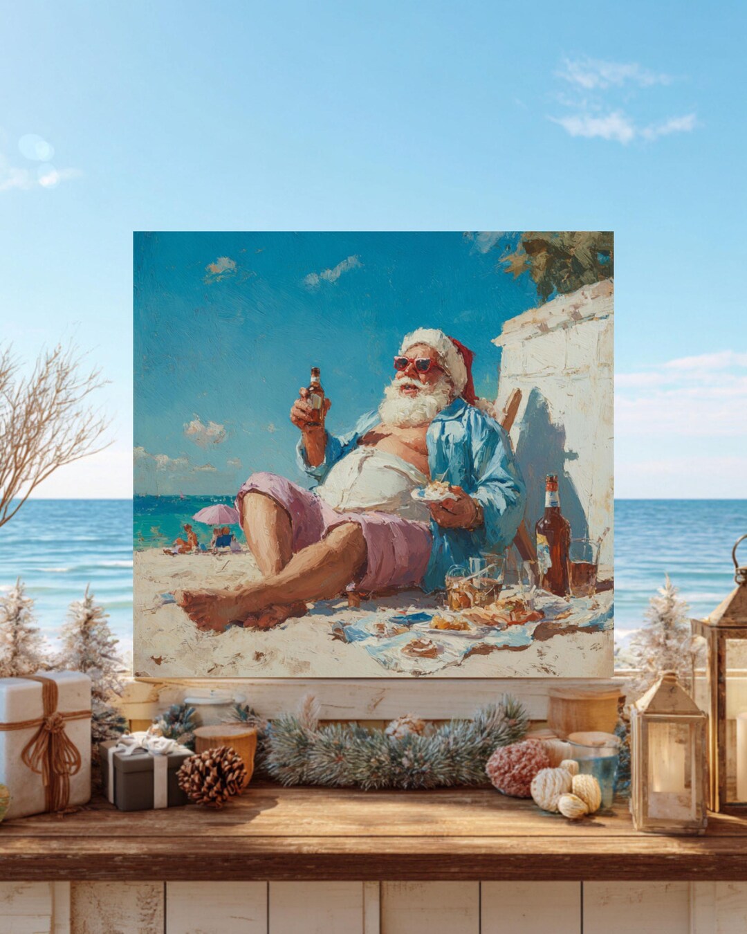 Beach Santa Sunbathing Art Print – Fat Santa With Beer in Pastel Summer ...