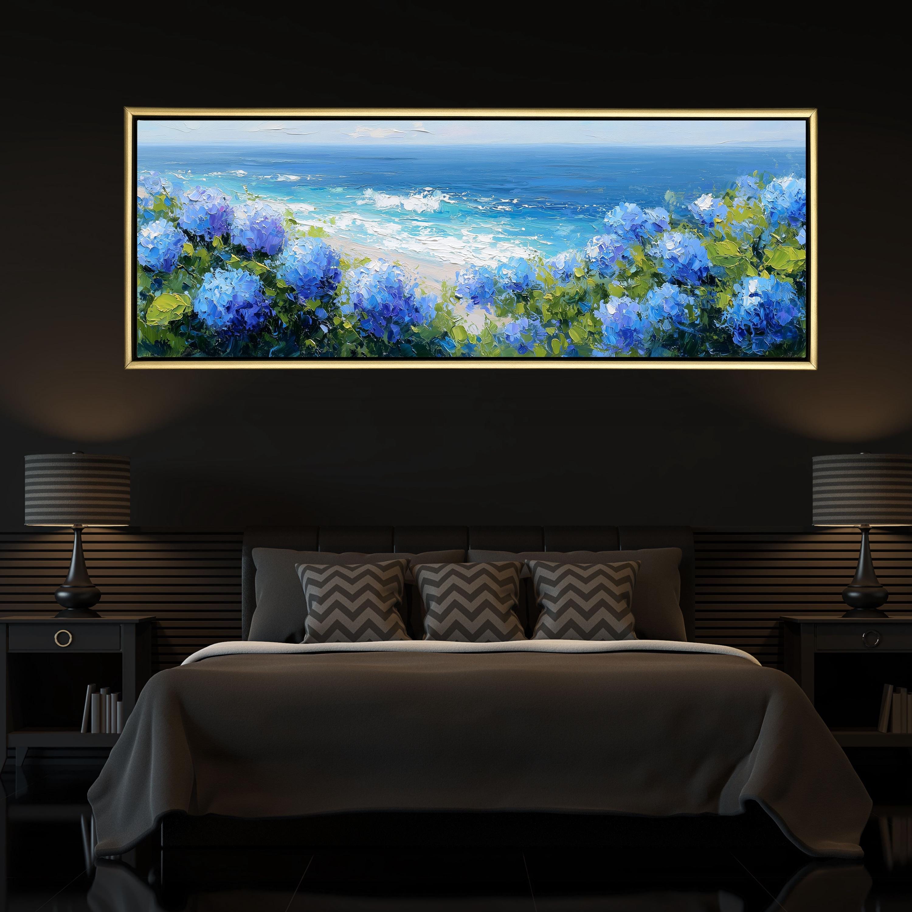 Blue Hydrangea Beach Canvas Print, Coastal Impasto Painting, Ocean ...