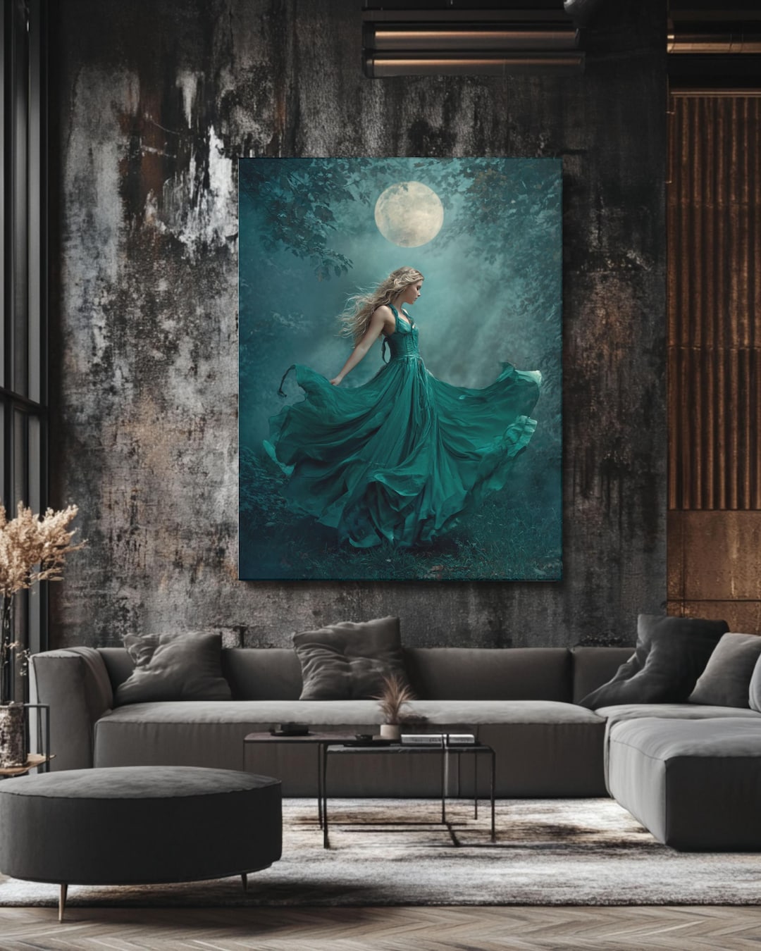 Moonlight Forest Dance Art – Woman in Emerald Dress Under Full Harvest ...