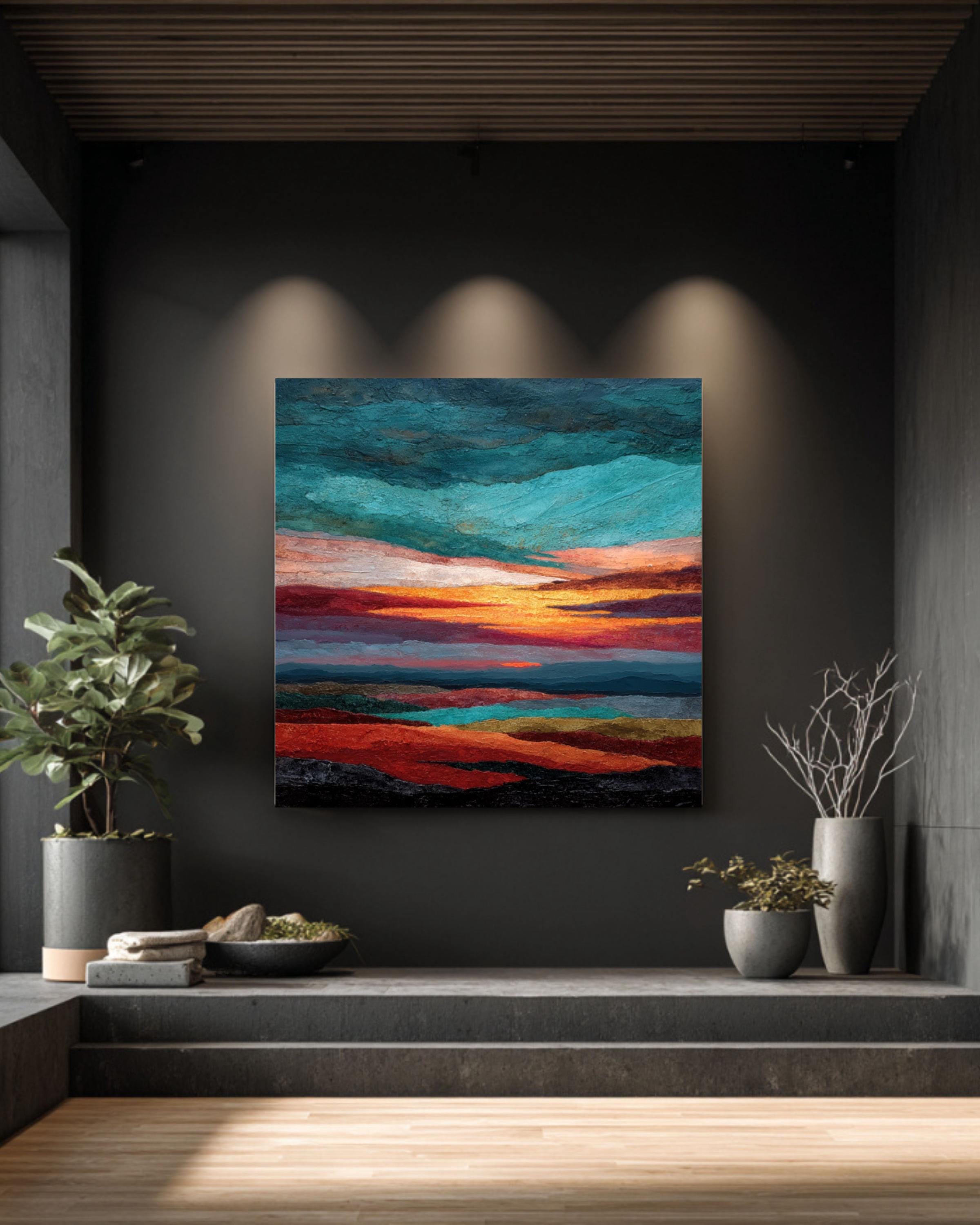Teal & Red Abstract Landscape: Warm Acrylic Texture Art Print, Framed ...