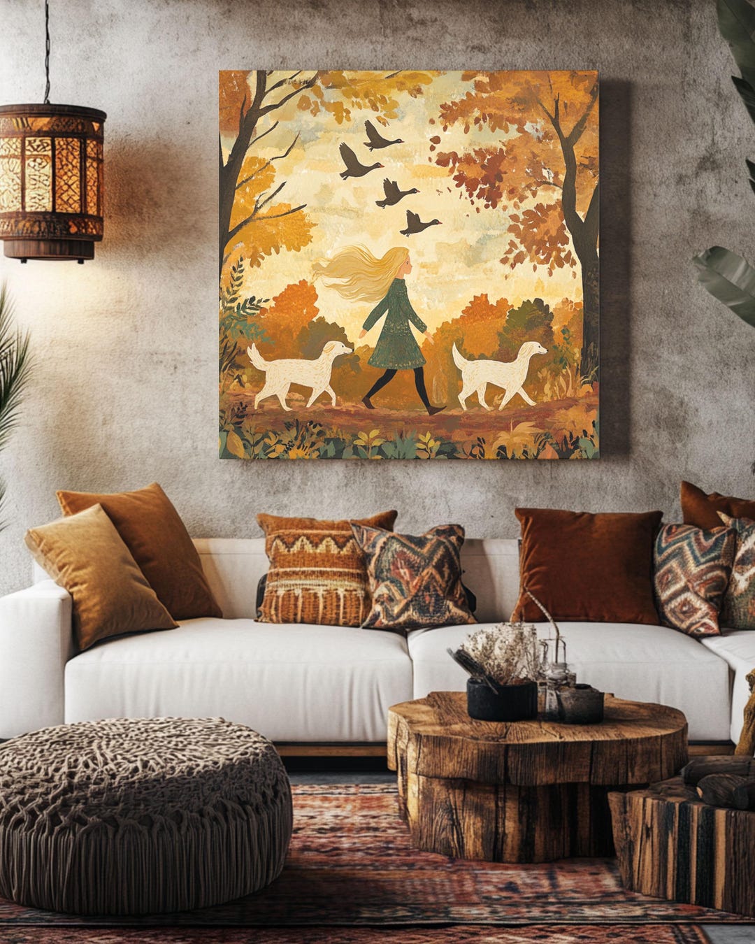 Rustic Fall Folk Art Print: Girl With Dogs in Autumn Forest - Etsy