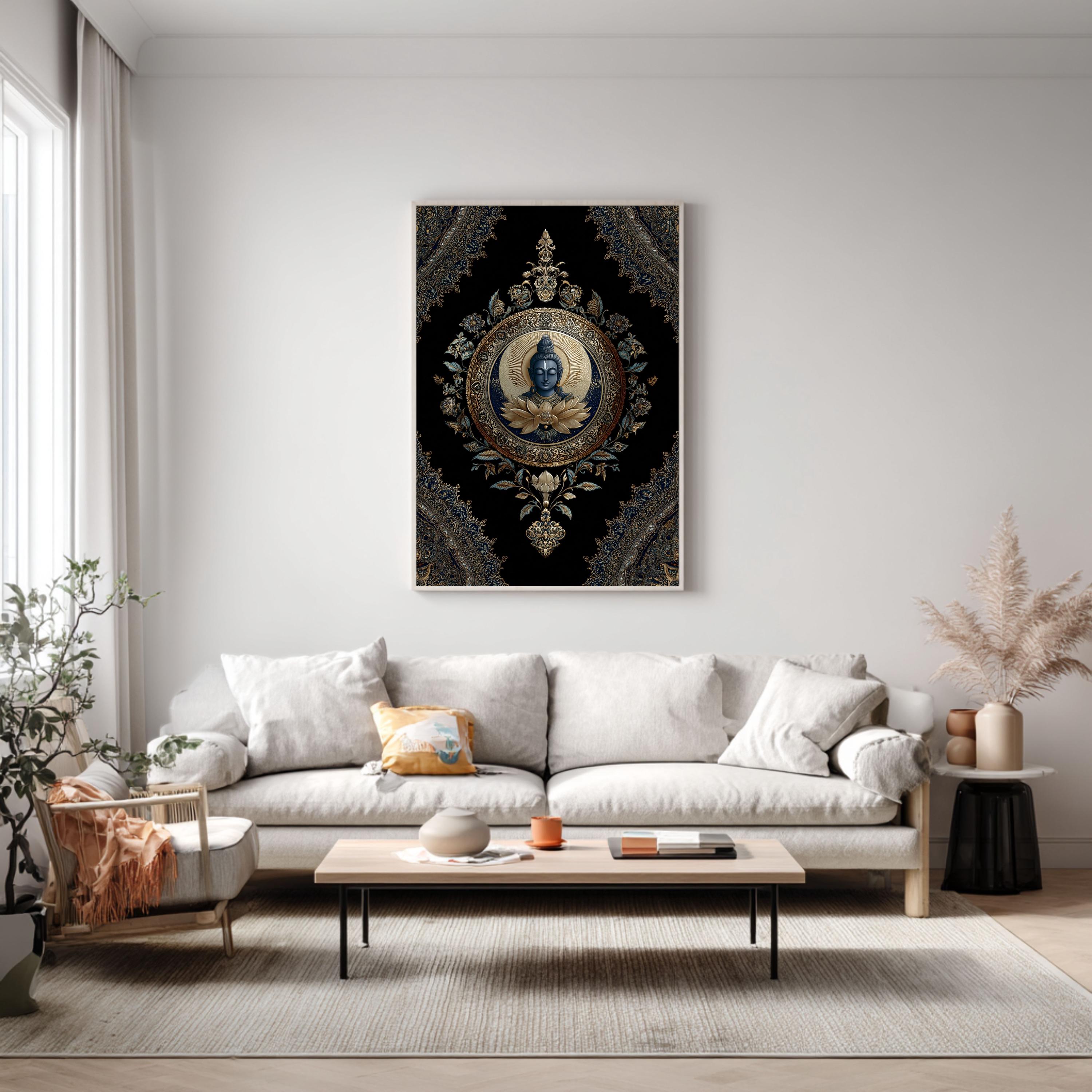 Lord Krishna Art Canvas, Ornate Indian God Wall Decor, Symmetrical ...