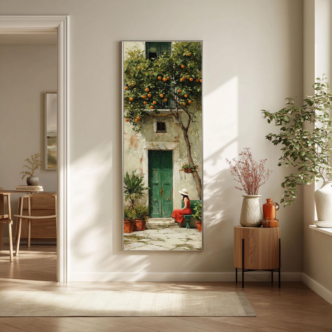 Italian Courtyard Canvas Art | Woman Under Orange Tree Painting Print ...