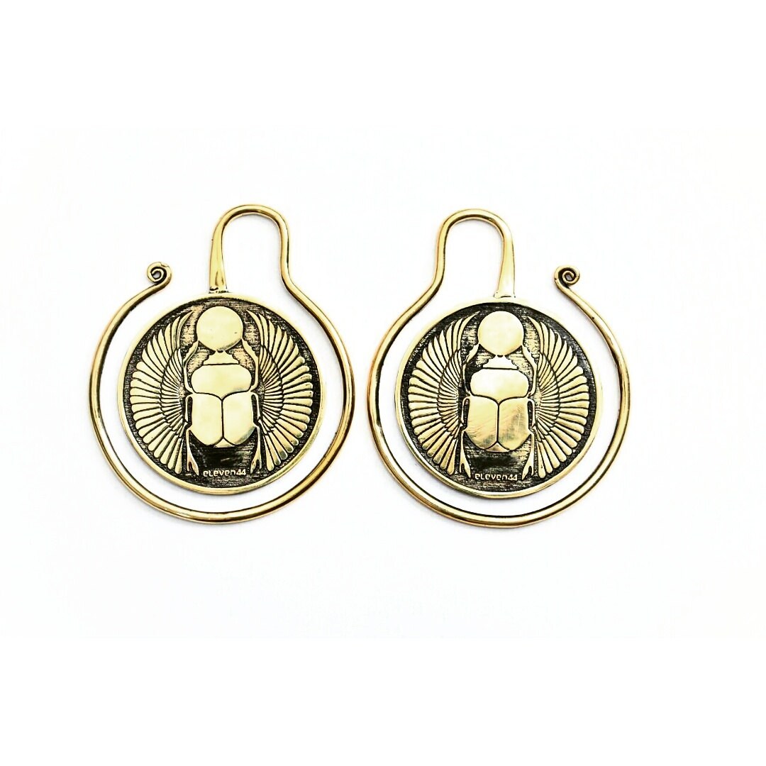 Scarab Earrings, Scarab Hoop Earrings, Ear Weights, Brass Earrings ...