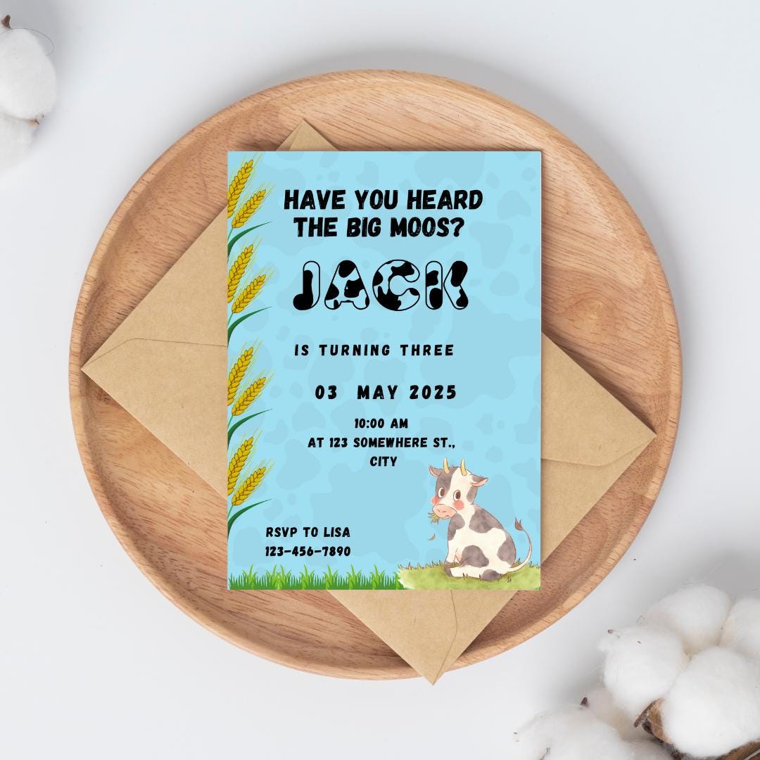 Moo Cow 3rd Birthday Invite | Farm Animal Party | Editable Digital ...