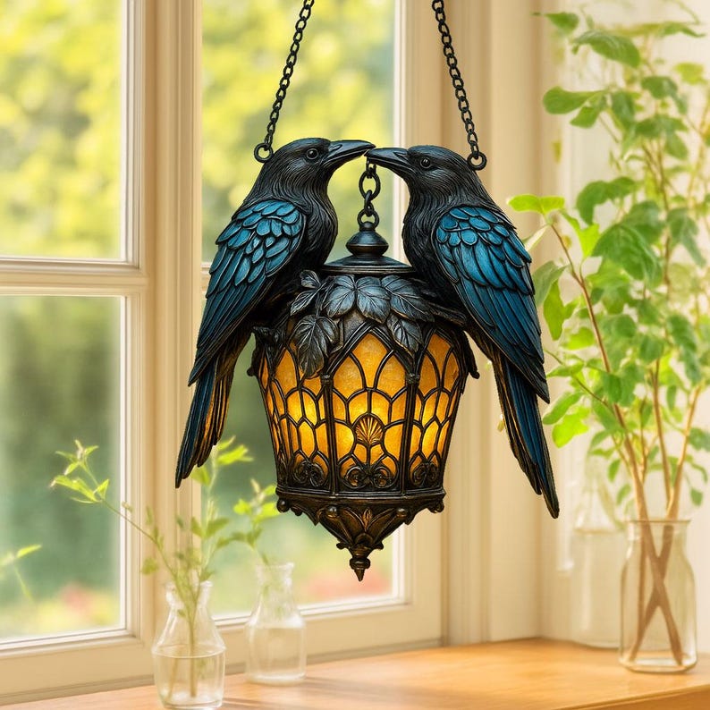 Gothic Raven Lantern Acrylic Light, Halloween Crow Hanging Lamp ...