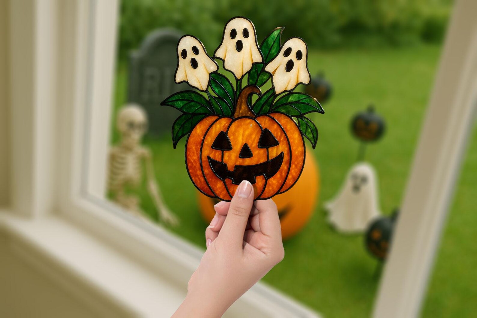 Halloween Ghost Pumpkin Acrylic Suncatcher, Spooky Jack-o’-lantern ...
