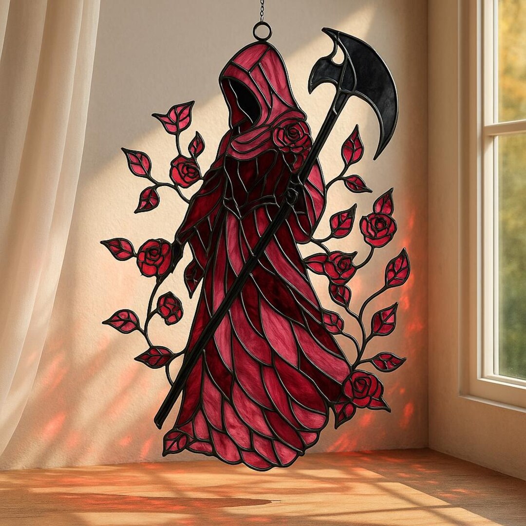 Gothic Grim Reaper Acrylic Suncatcher, Red Cloak Rose Tiffany Style ...
