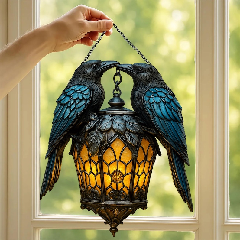 Gothic Raven Lantern Acrylic Light, Halloween Crow Hanging Lamp ...