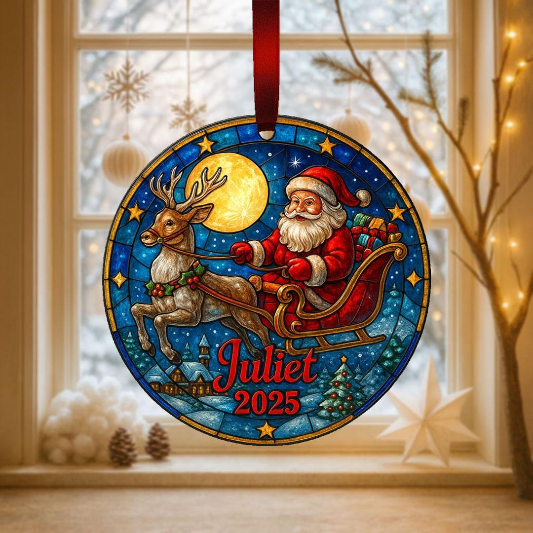 Custom Santa Sleigh & Reindeer Acrylic Ornament, Stained Glass ...