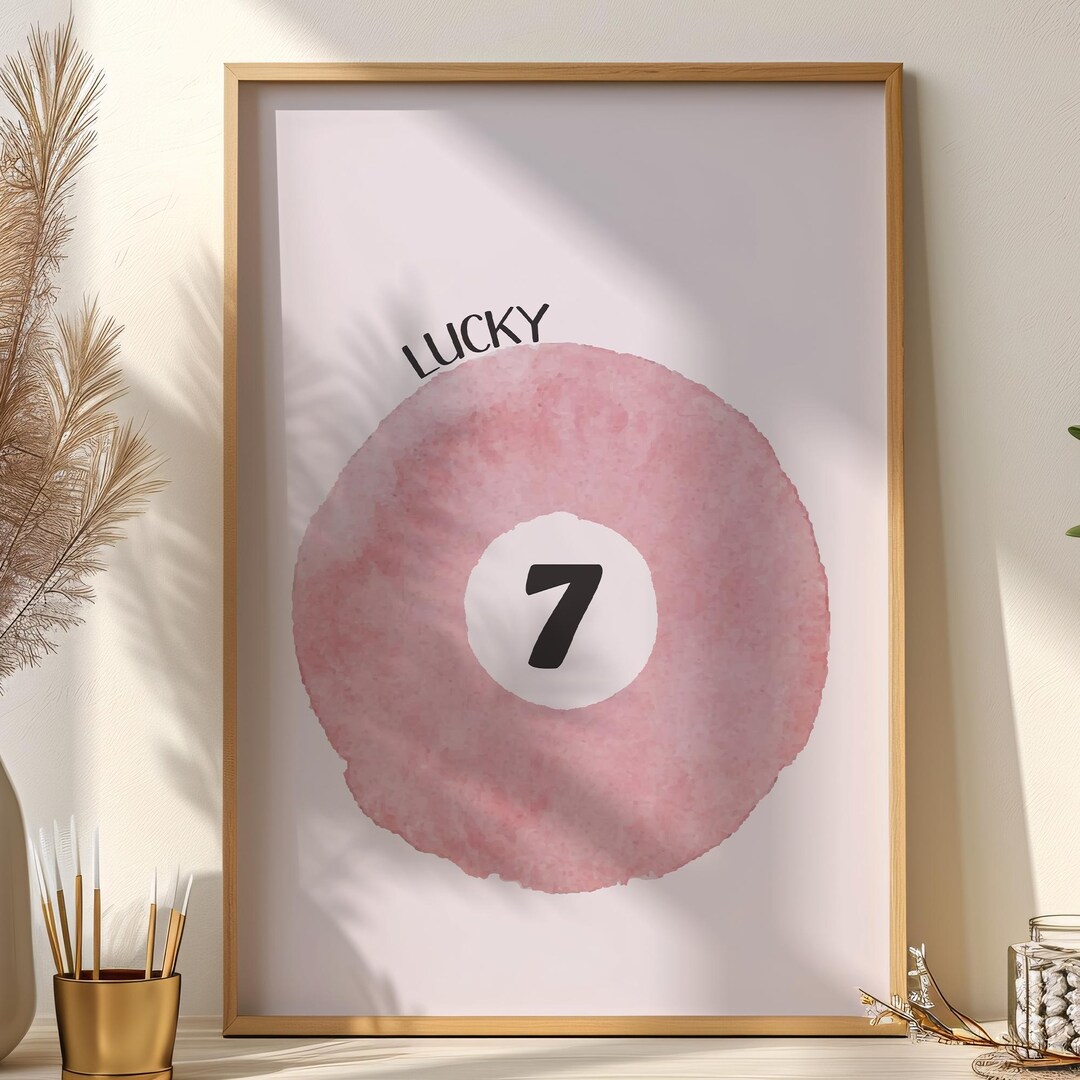 7 Ball Poster, Pink Lucky Pool Ball Wall Art, Retro Watercolor 7 ...