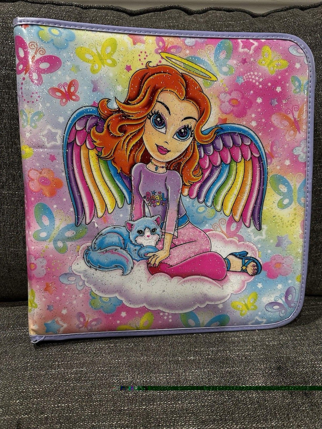 Vintage Lisa Frank Angel Cat Zip Binder Glitter 3 Ring Pastel Butterfly ...
