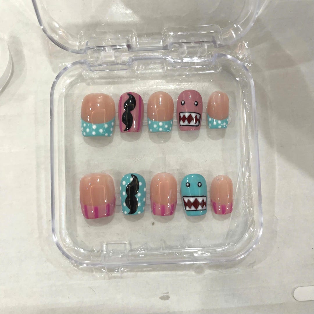 Funny Cartoon Monster Press on Nails, Pink Blue Domo Nail Set With ...