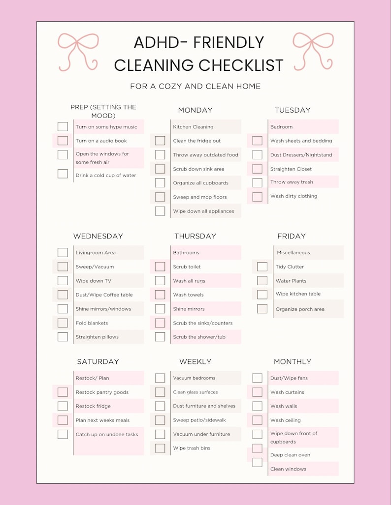 ADHD Friendly Cleaning Checklist, Pink Cleaning Checklist Template ...
