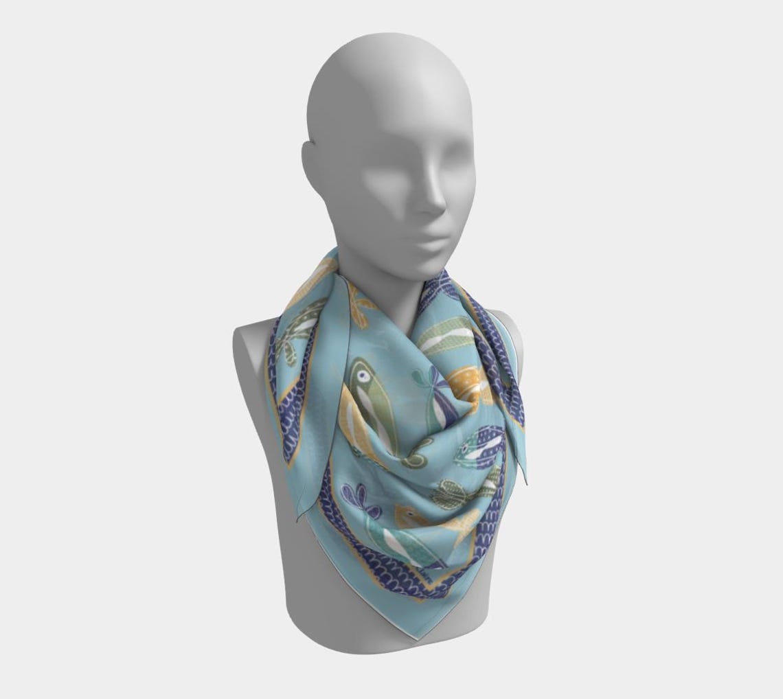 Sardines Scarf, Nautical Ocean Fisherman, Modern Hand Drawn Silk ...