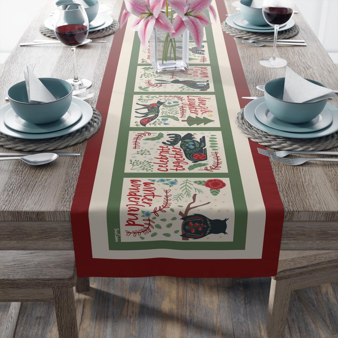 Harvest to Holly Scandi Folk Art Christmas Table Runner, Woodland ...