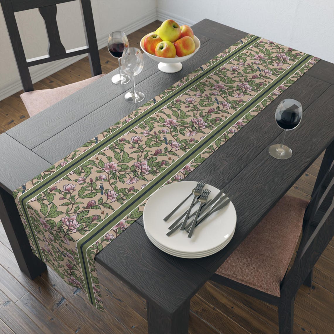 Magnolia Floral Table Runner, Vintage Southern Home Linen, Pink Beige ...
