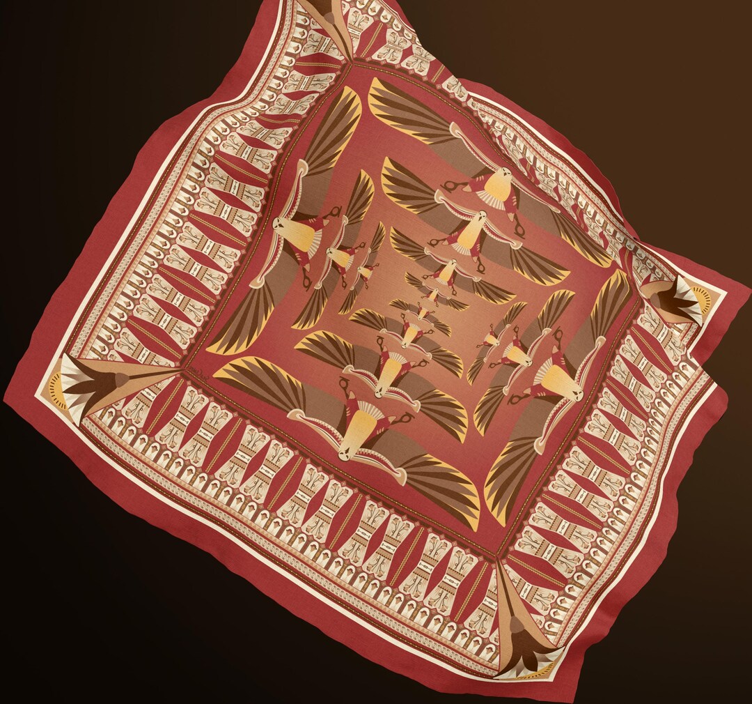 Egyptian Falcon Silk Scarf, Horus Ra Papyrus Lotus, Hand-drawn Luxury ...