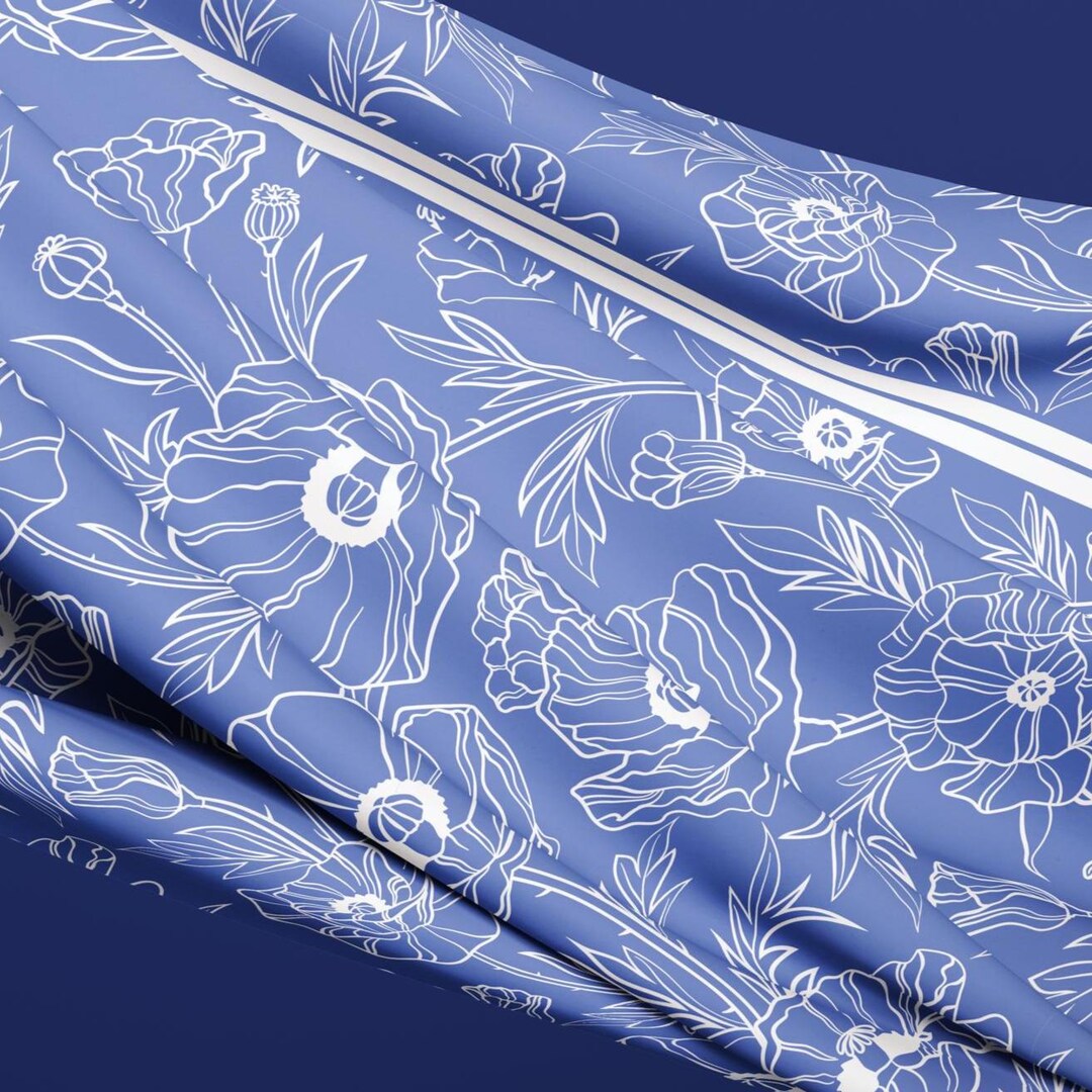 Poppy Fields Silk Long Scarf – White Periwinkle Blue Linework Floral ...