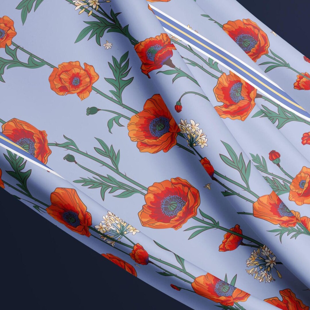 Hand Drawn Poppies Luxury Silk Scarf, Travel Wrap or Shawl in Blue and ...