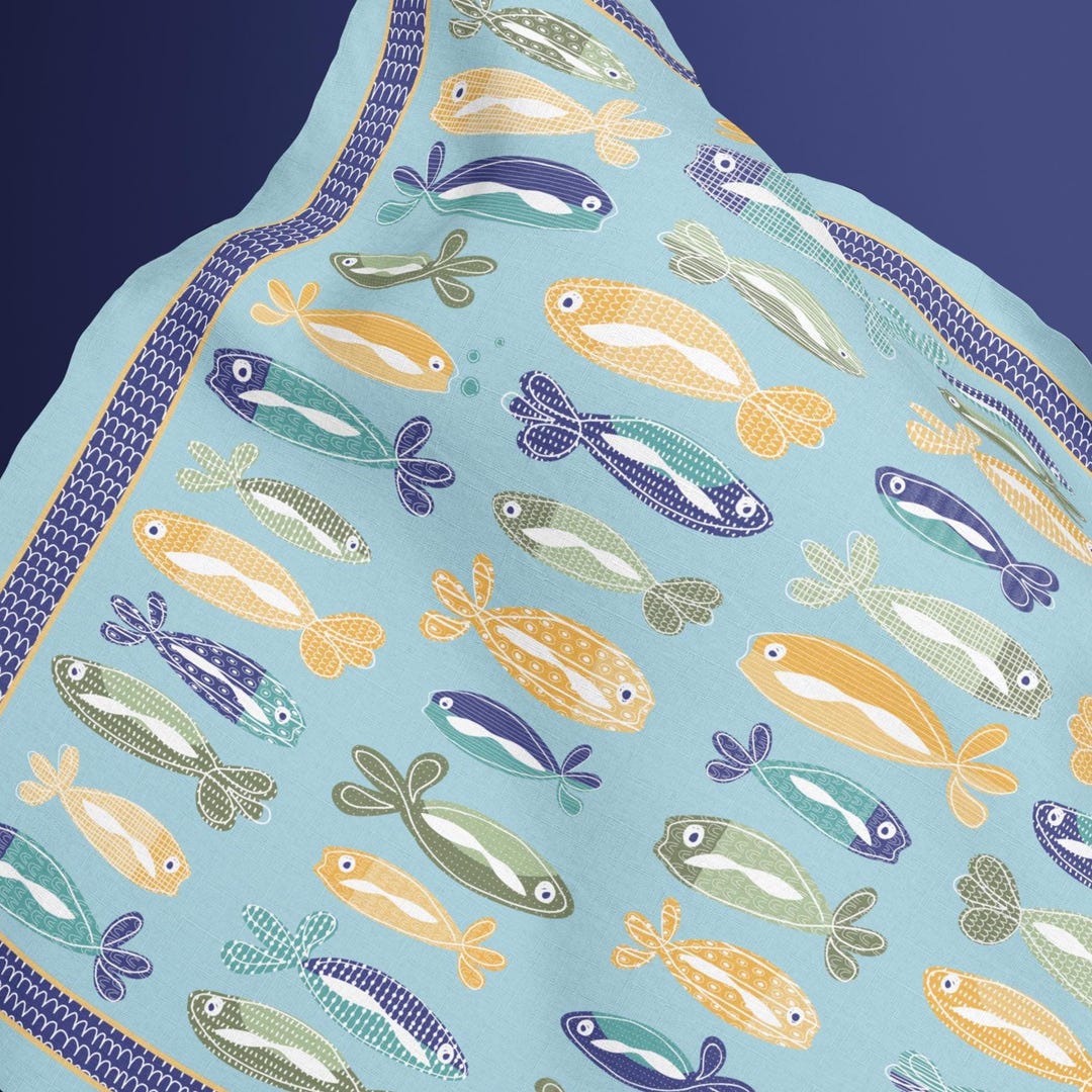 Sardines Scarf, Nautical Ocean Fisherman, Modern Hand Drawn Silk ...