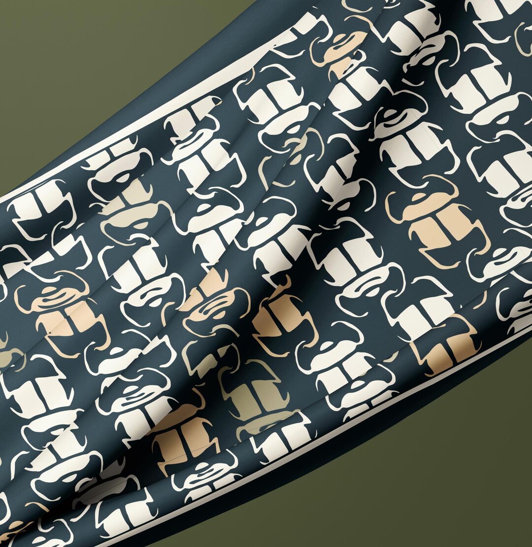 Egyptian Scarab Lotus Silk Scarf, Navy Olive Taupe Ancient Art Long ...